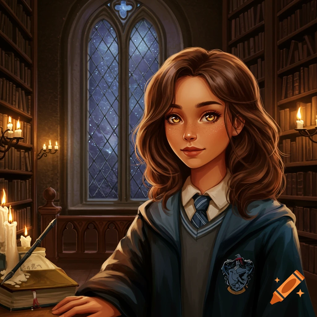 An illustrated portrait of a young woman in a Ravenclaw uniform in a ...