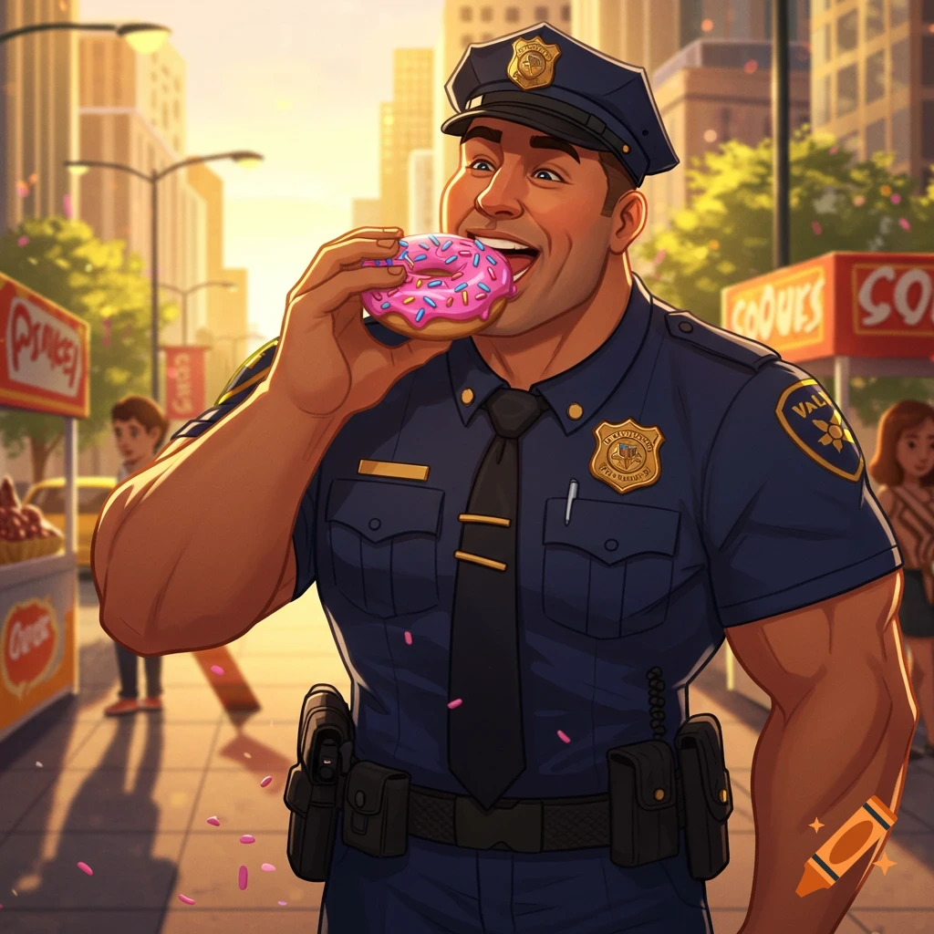 A cartoon muscular police officer happily eats a pink donut with ...