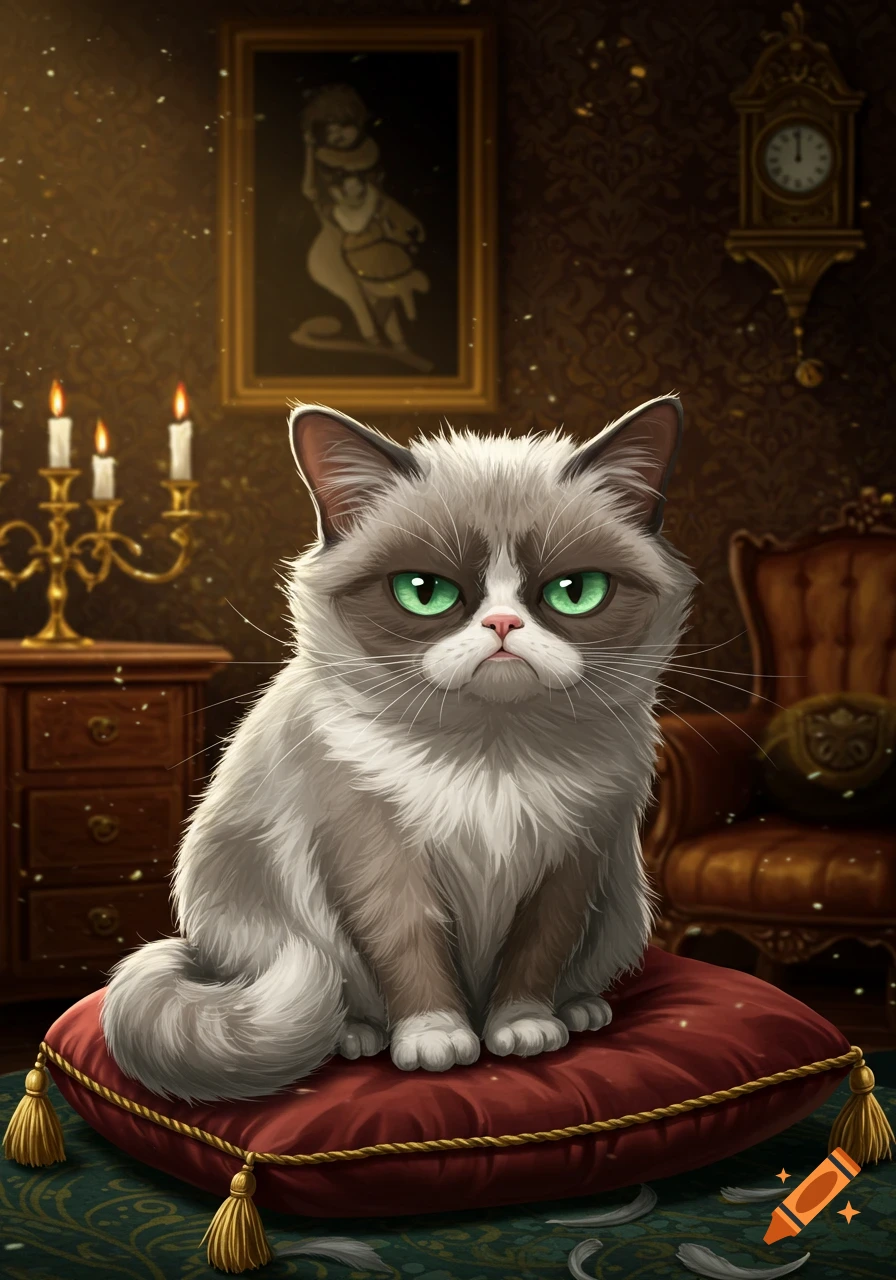 A fluffy gray and white grumpy cat with bright green eyes sits on a red ...