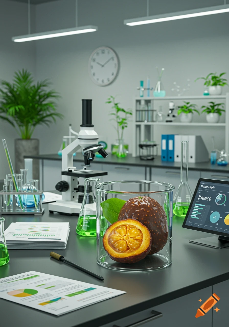 Photorealistic image of a laboratory setup with a microscope, beakers, and a jar containing monk ...