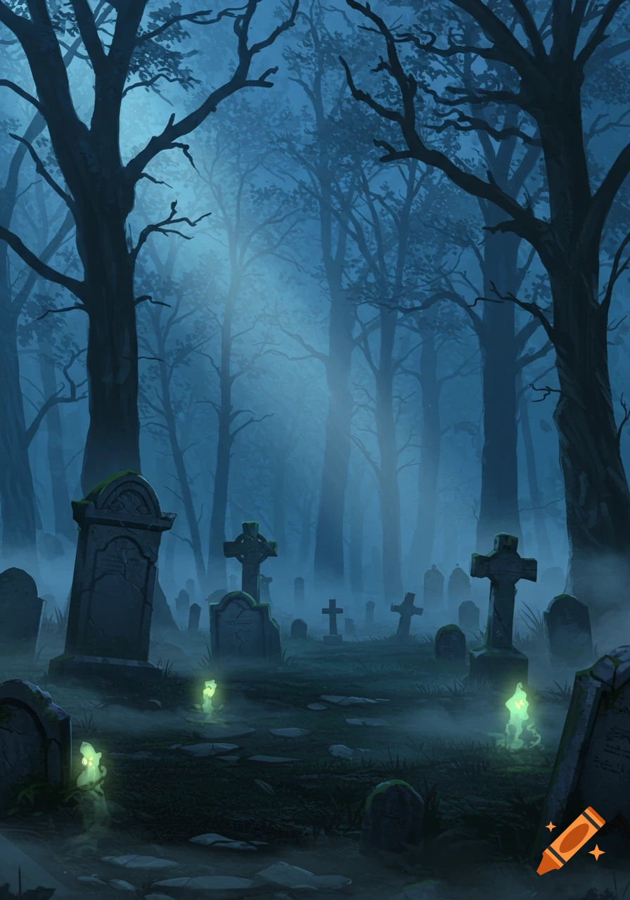 A spooky, misty graveyard in a dark forest with glowing green spirits ...