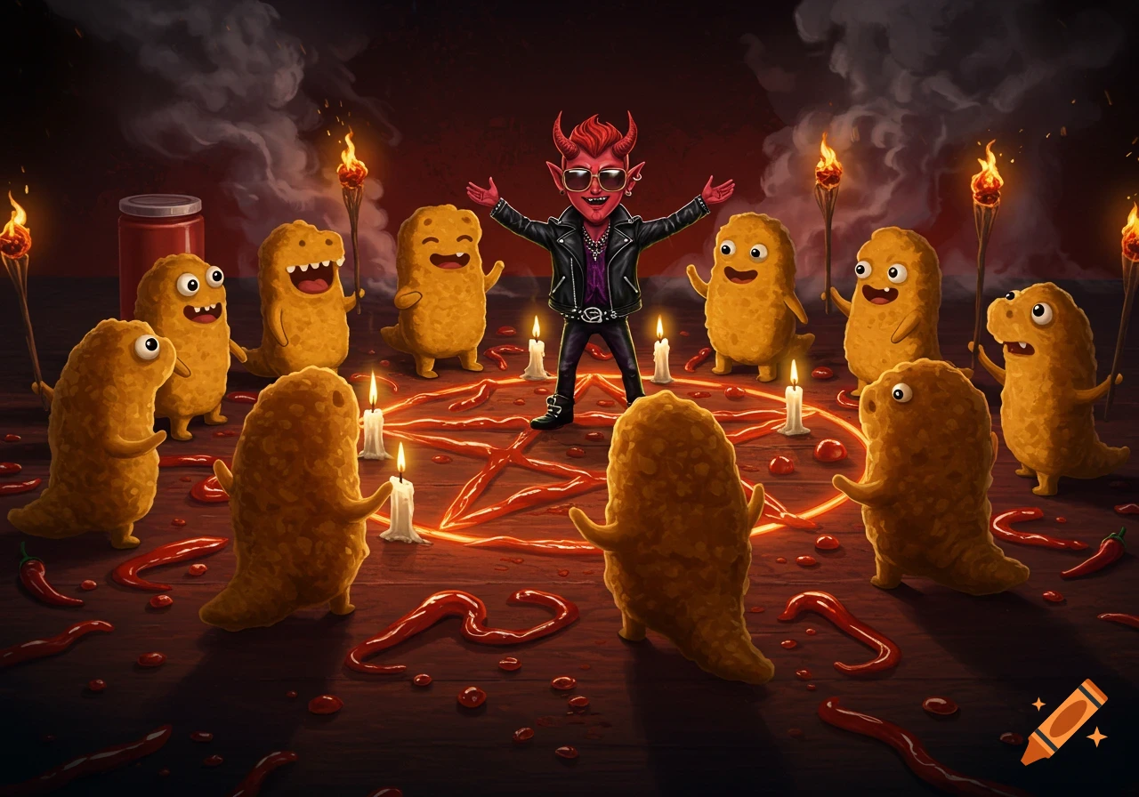 A cartoon devil leads a ritual with dinosaur chicken nuggets, candles ...