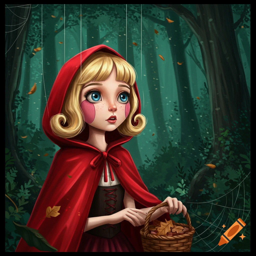 A cartoon illustration of Little Red Riding Hood walking through a ...