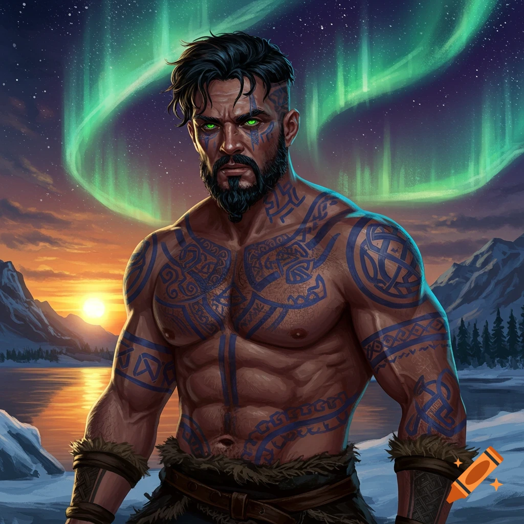 Muscular viking man with tribal tattoos and glowing green eyes ...