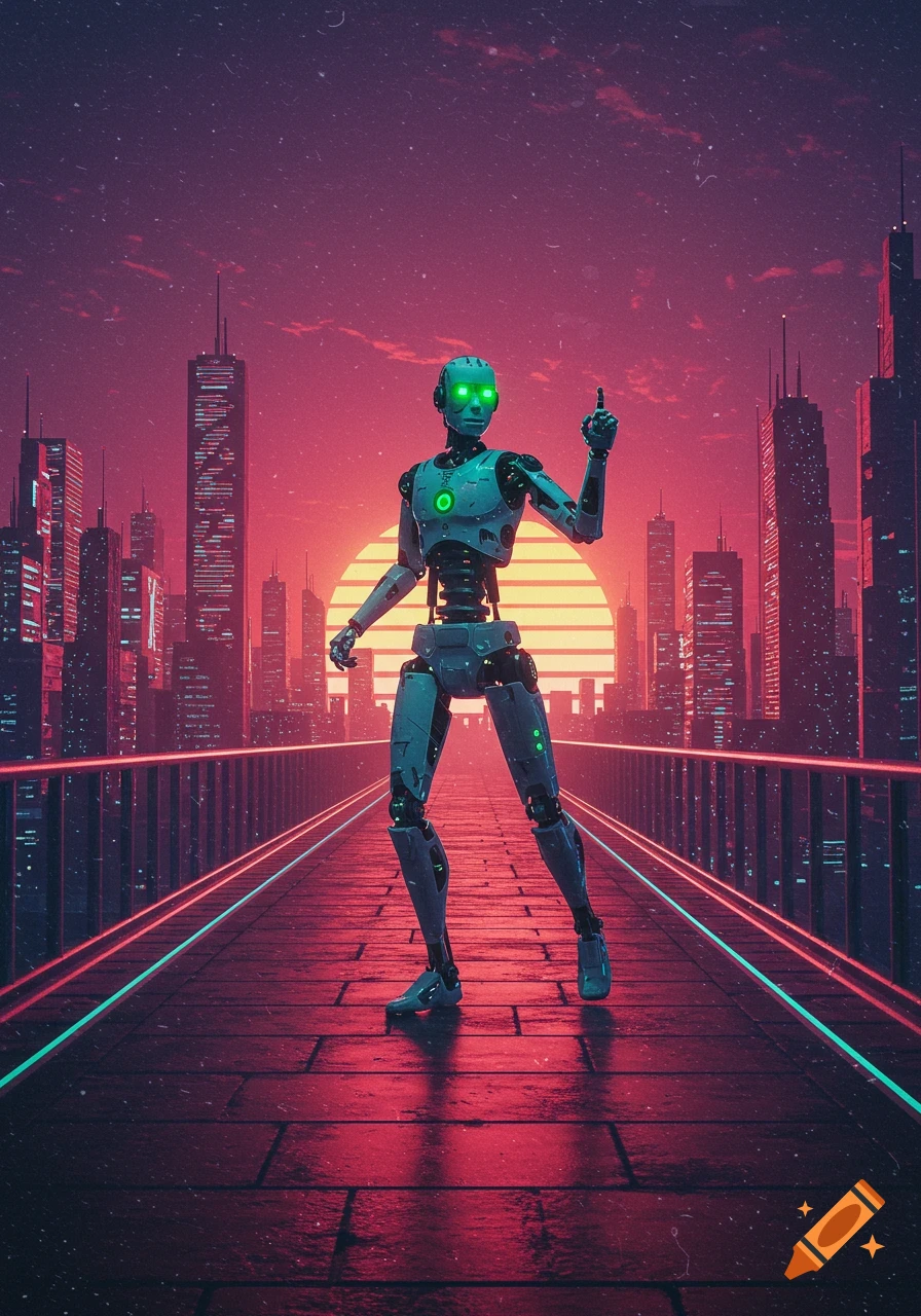 A robot with glowing green eyes on a bridge overlooking a futuristic ...