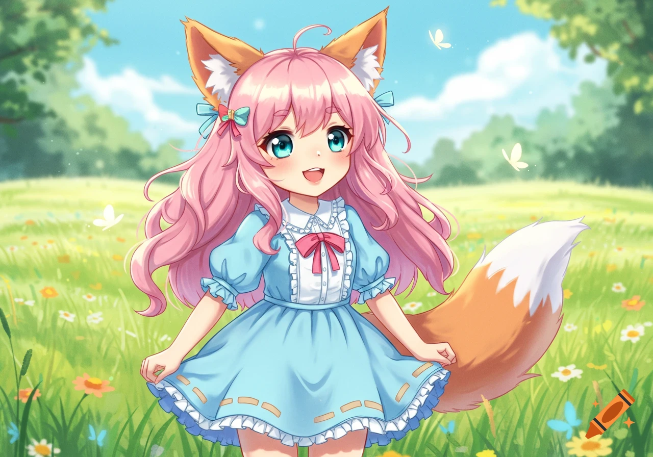 An anime elf with long blonde hair and blue eyes stands in a sunny ...