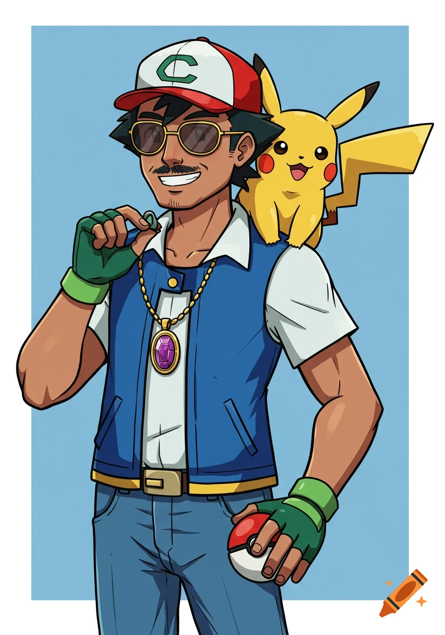 Stylized cartoon of Ash Ketchum-like man with mustache and sunglasses ...