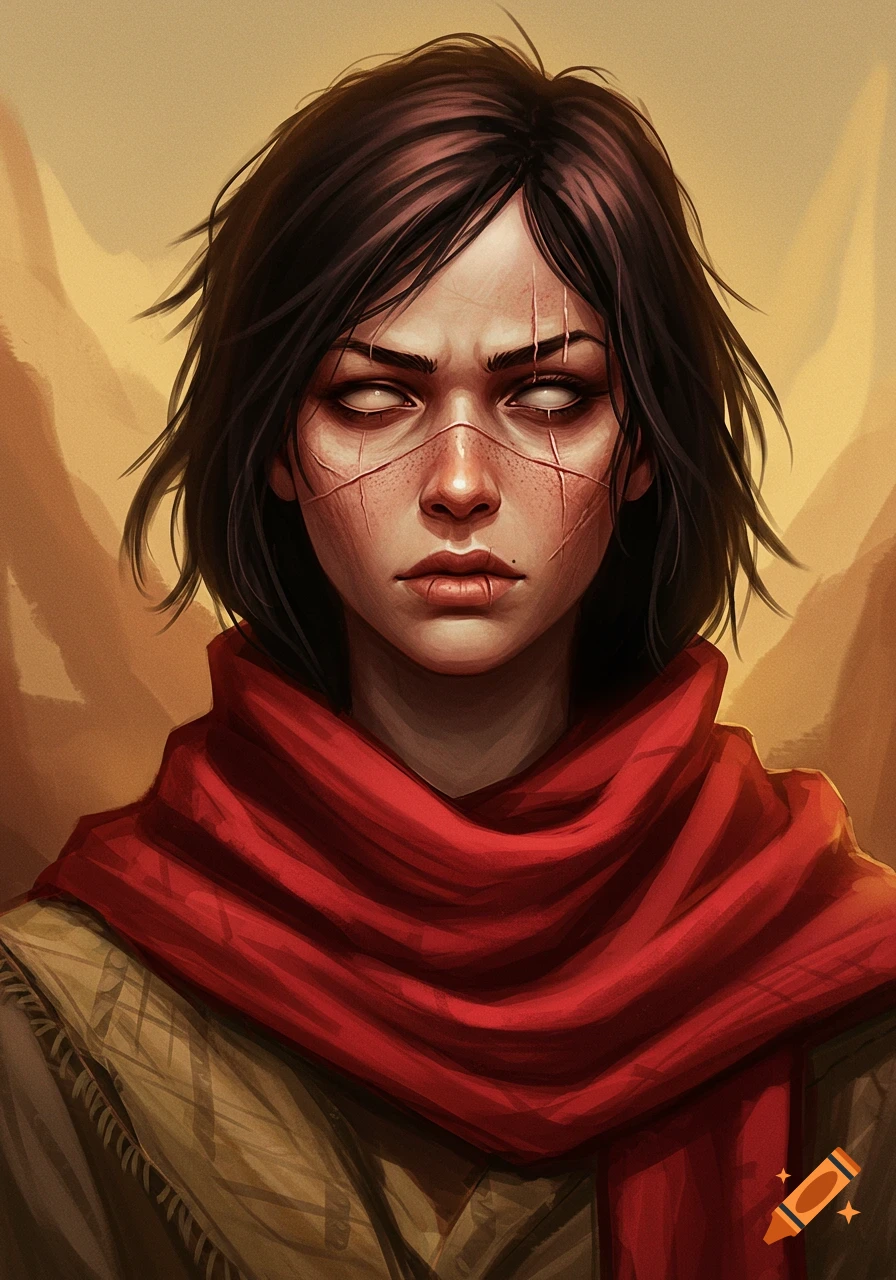 A digital art portrait of a woman with dark hair, blank white eyes, and ...