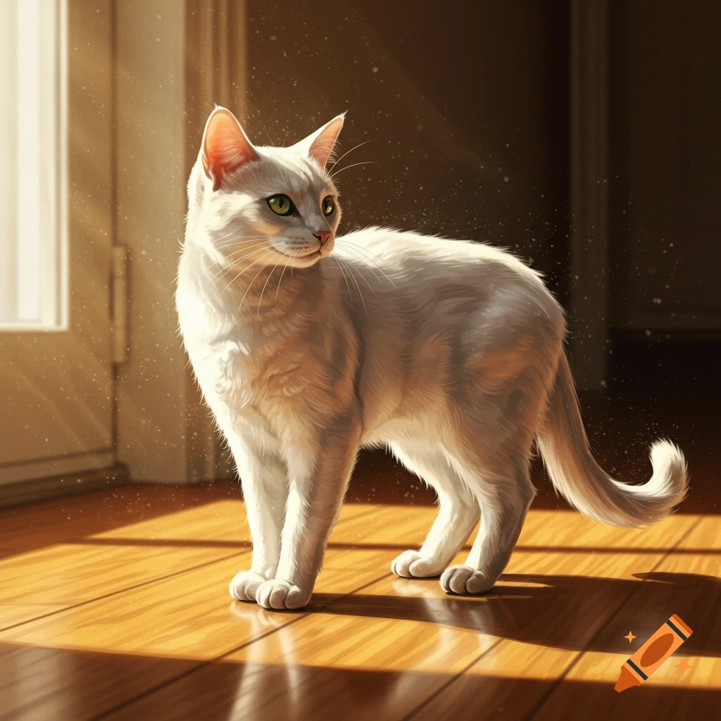A white cat stands on a sunlit wooden floor, looking to the side with ...