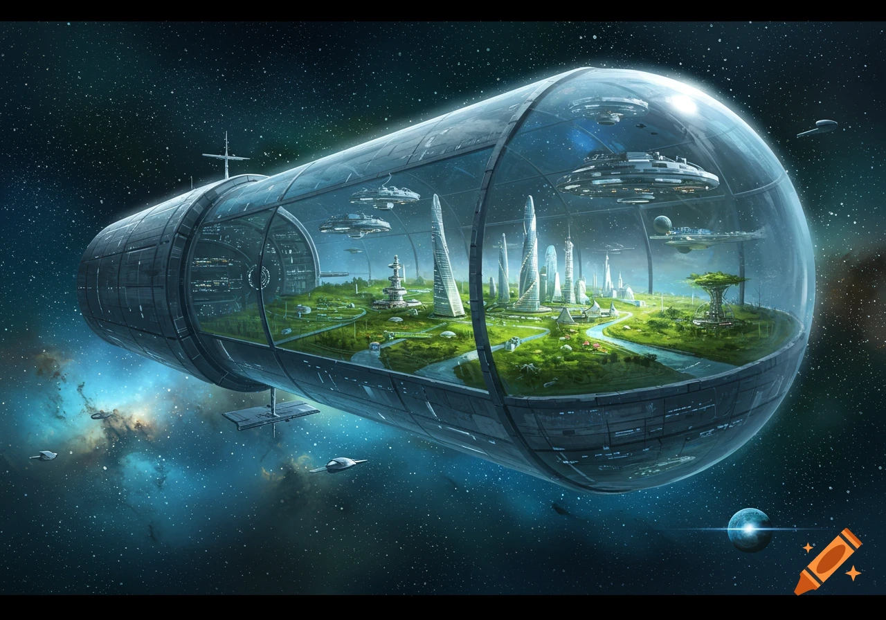 A large cylindrical space station with multiple levels of lush green ...