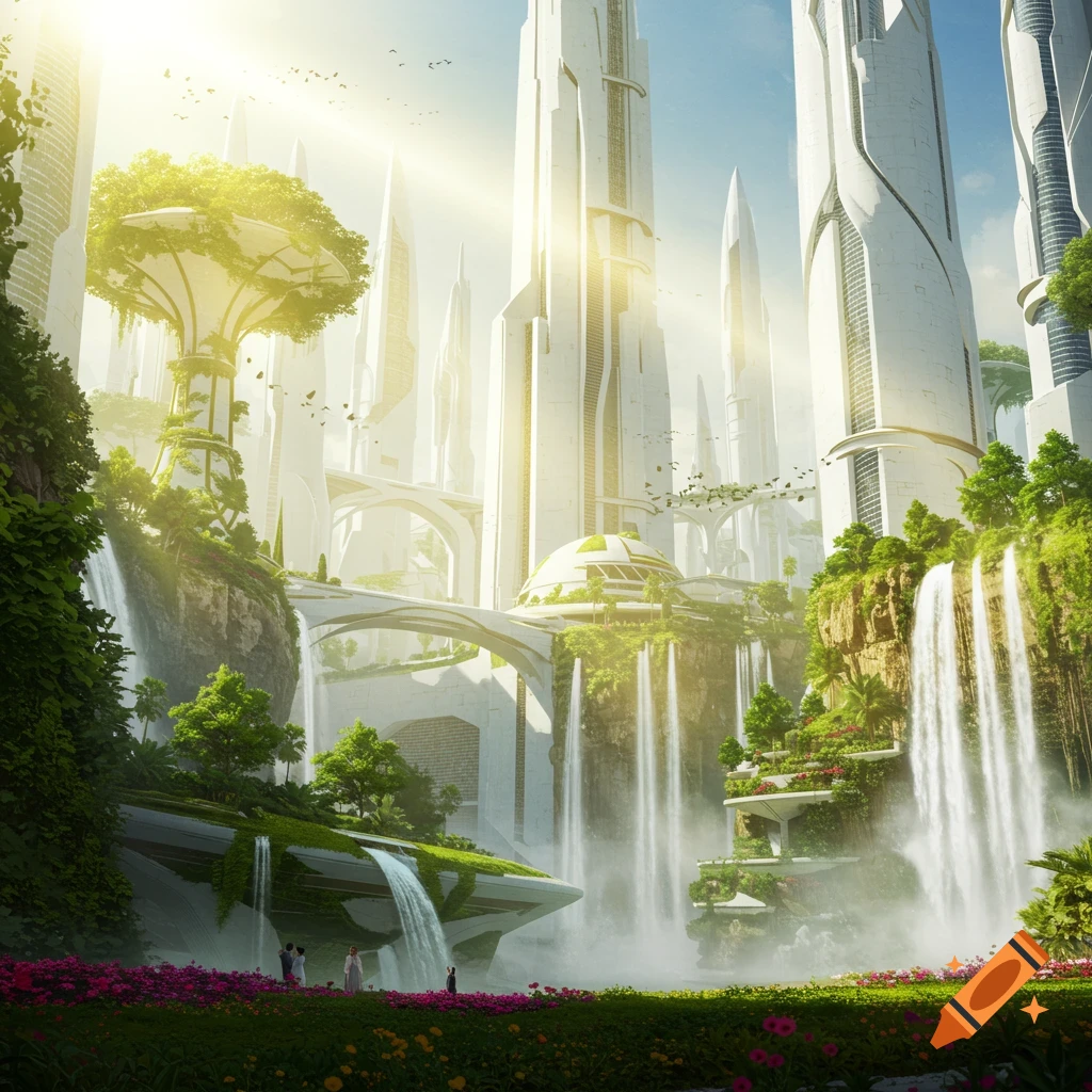 A vibrant futuristic city with white and gold shimmering skyscrapers ...