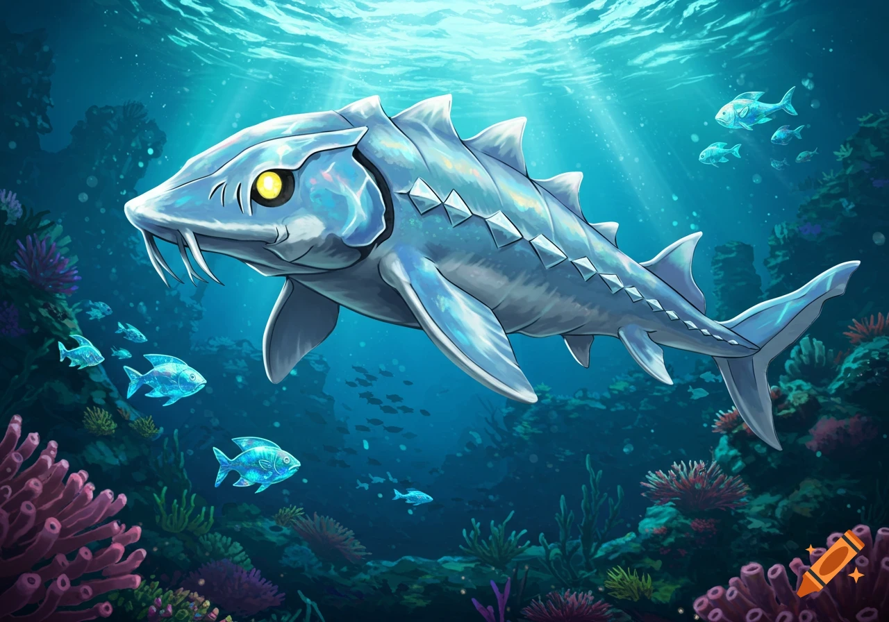 A colorful, stylized shark with intricate patterns swims in a vibrant ...