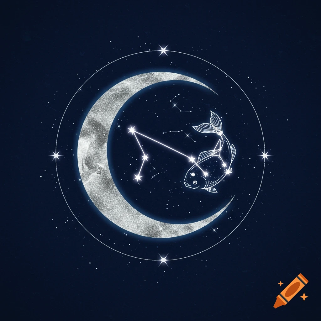Pisces constellation lines connecting stars beside a crescent moon in a ...