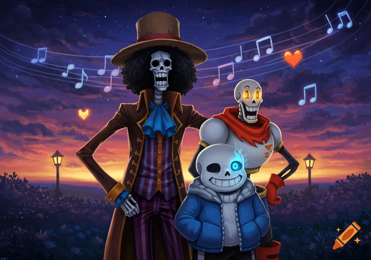 Brook from One Piece stands with Sans and Papyrus from Undertale under ...