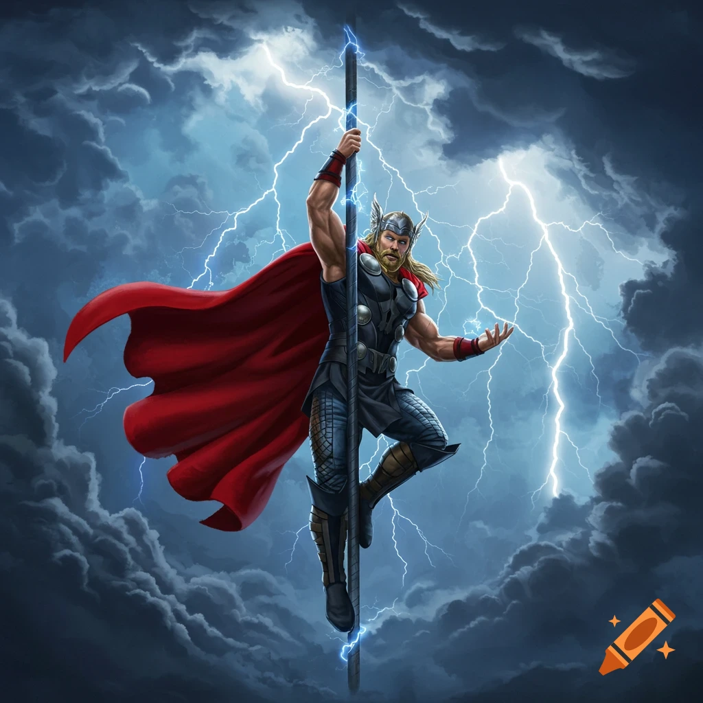 Digital illustration of Thor with a red cape, holding onto a vertical lightning bolt amid dark ...