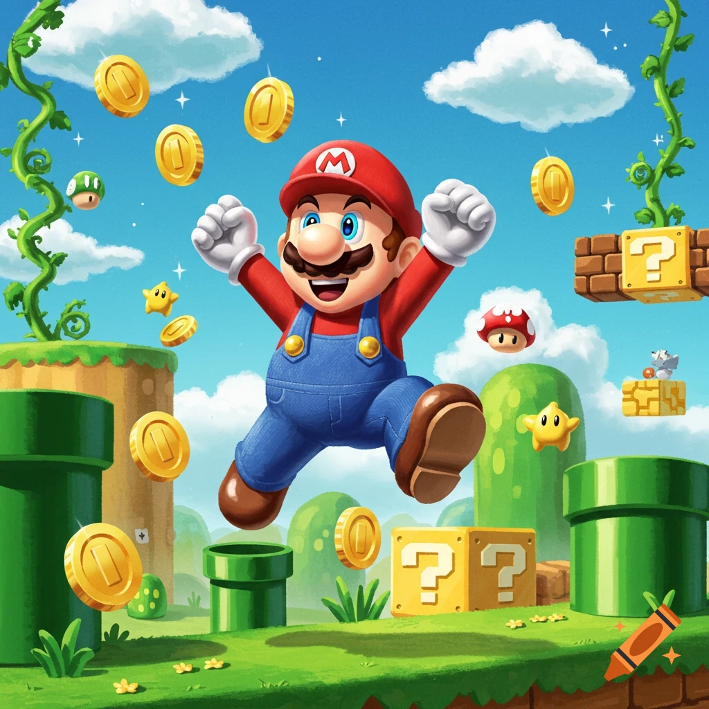 A giant human foot with Mario's head on the sole, surrounded by Super ...