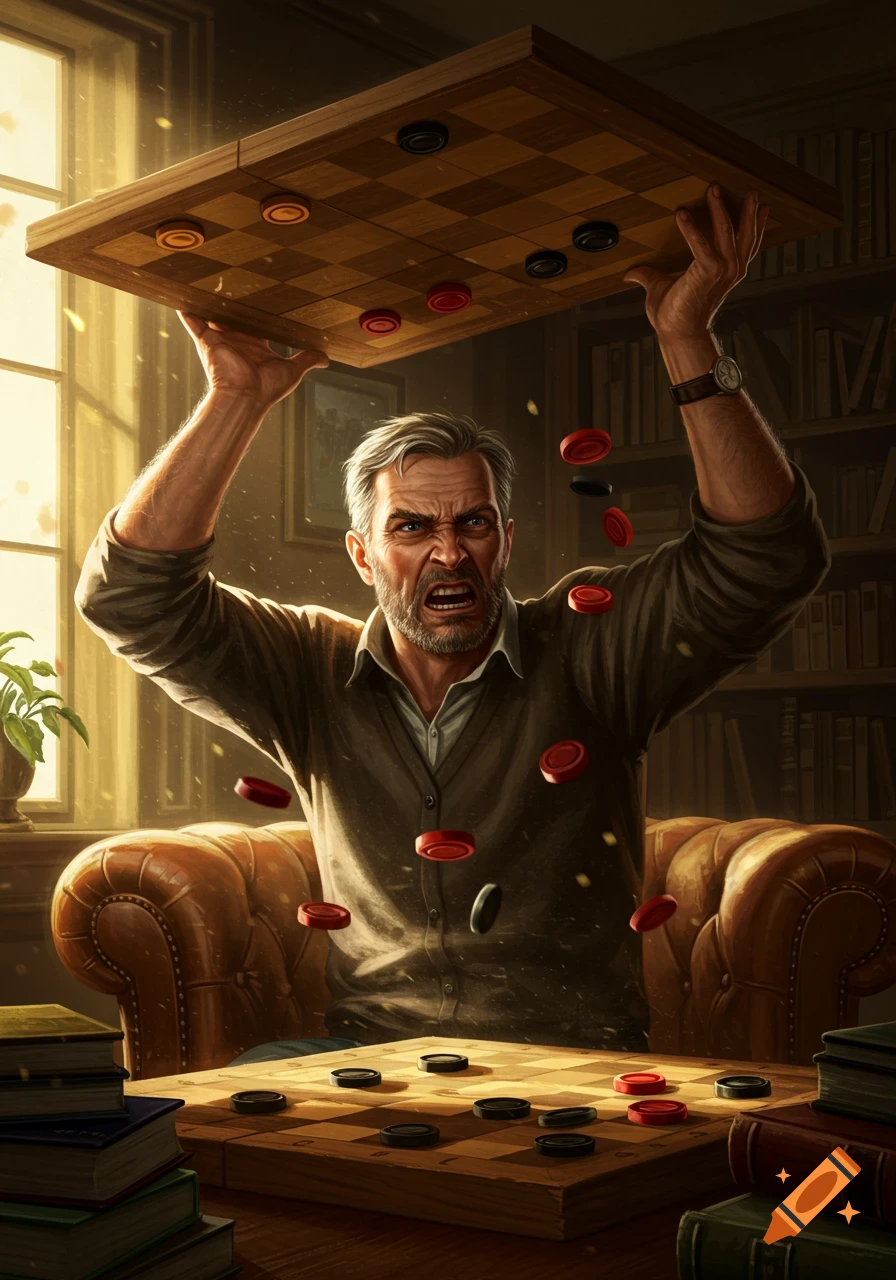 An angry man with gray hair in a cardigan lifts and flips a checkers ...