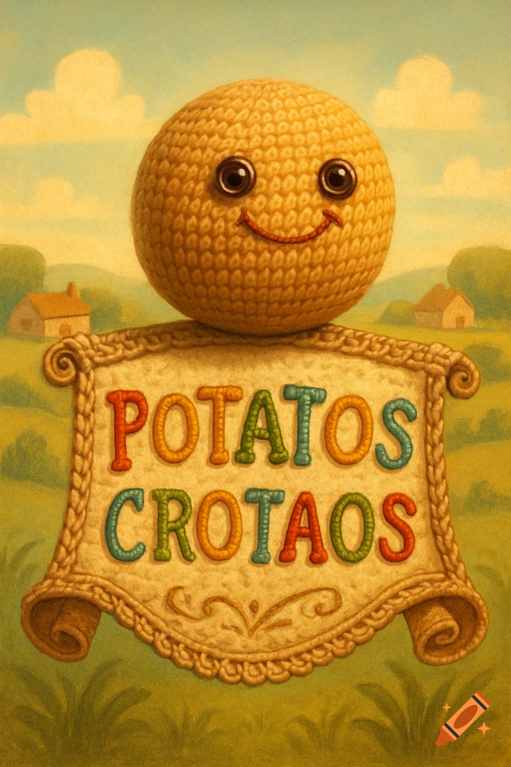 A smiling, textured potato-like character holds a banner with the words ...