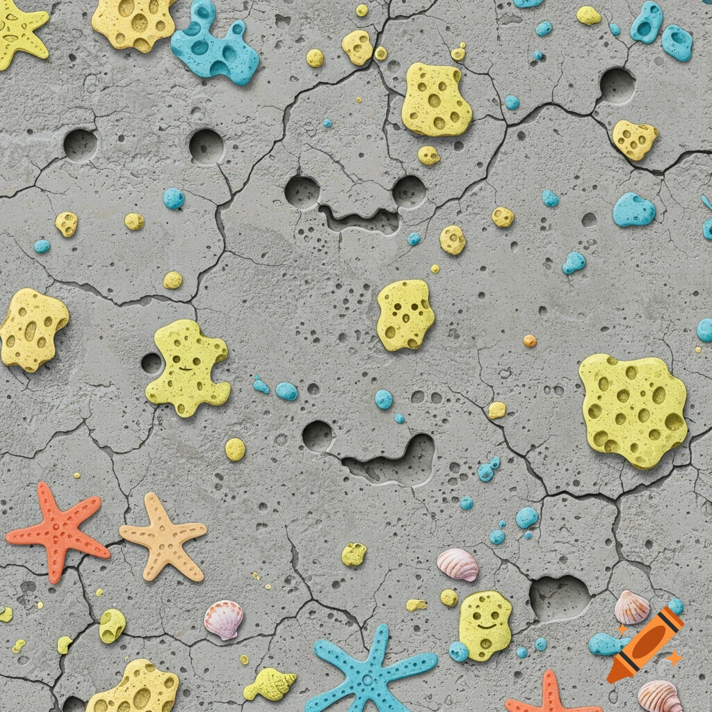 A seamless pattern of cracked concrete with cartoon sponge shapes ...