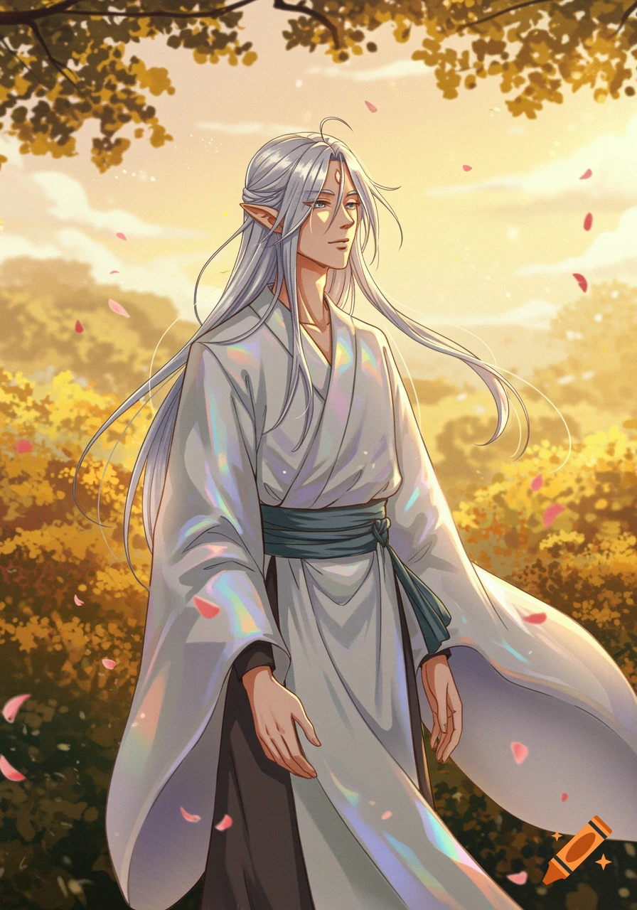 An elf-like character with long white hair and a shimmering white robe ...