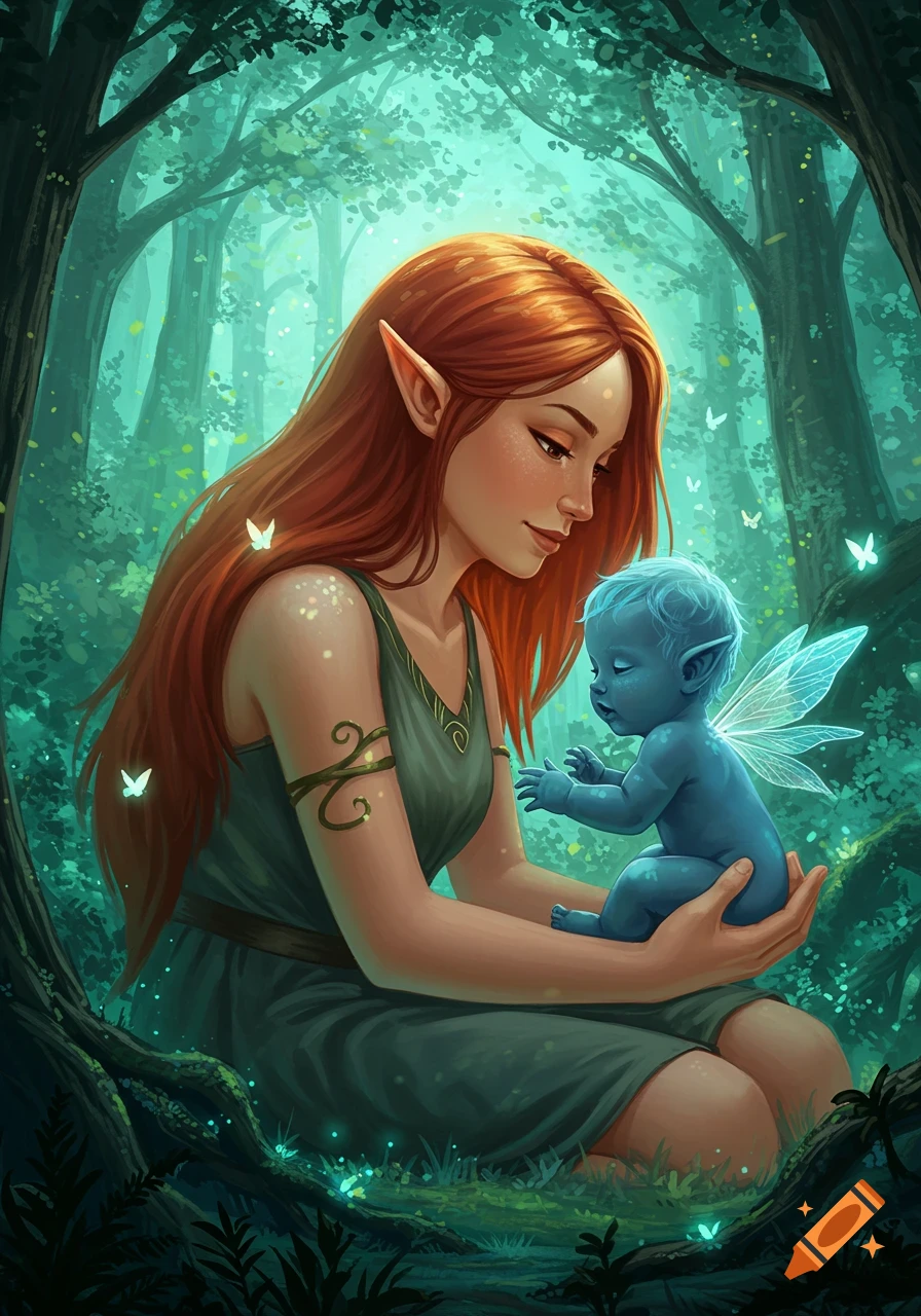 A fantasy illustration of a red-haired elf woman holding a blue-skinned baby elf with wings in a ...
