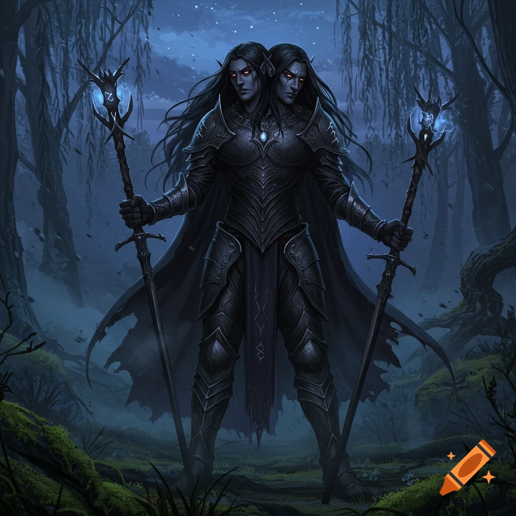 A dark elf warrior with horns, red eyes, and black armor stands in a ...