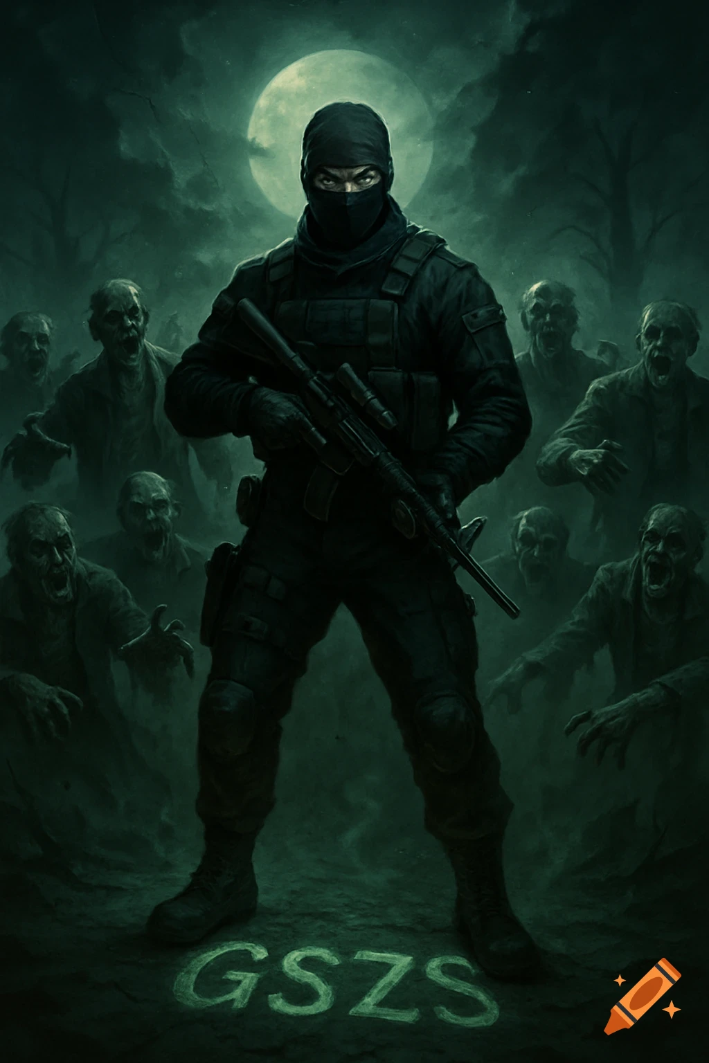 A masked soldier holding a rifle stands amidst a group of zombies under a full moon, with 'GSZS ...
