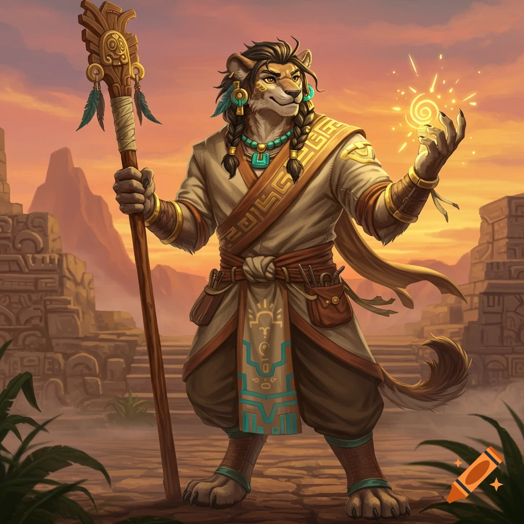 A male Leonin monk stands powerfully in a detailed, painterly concept ...
