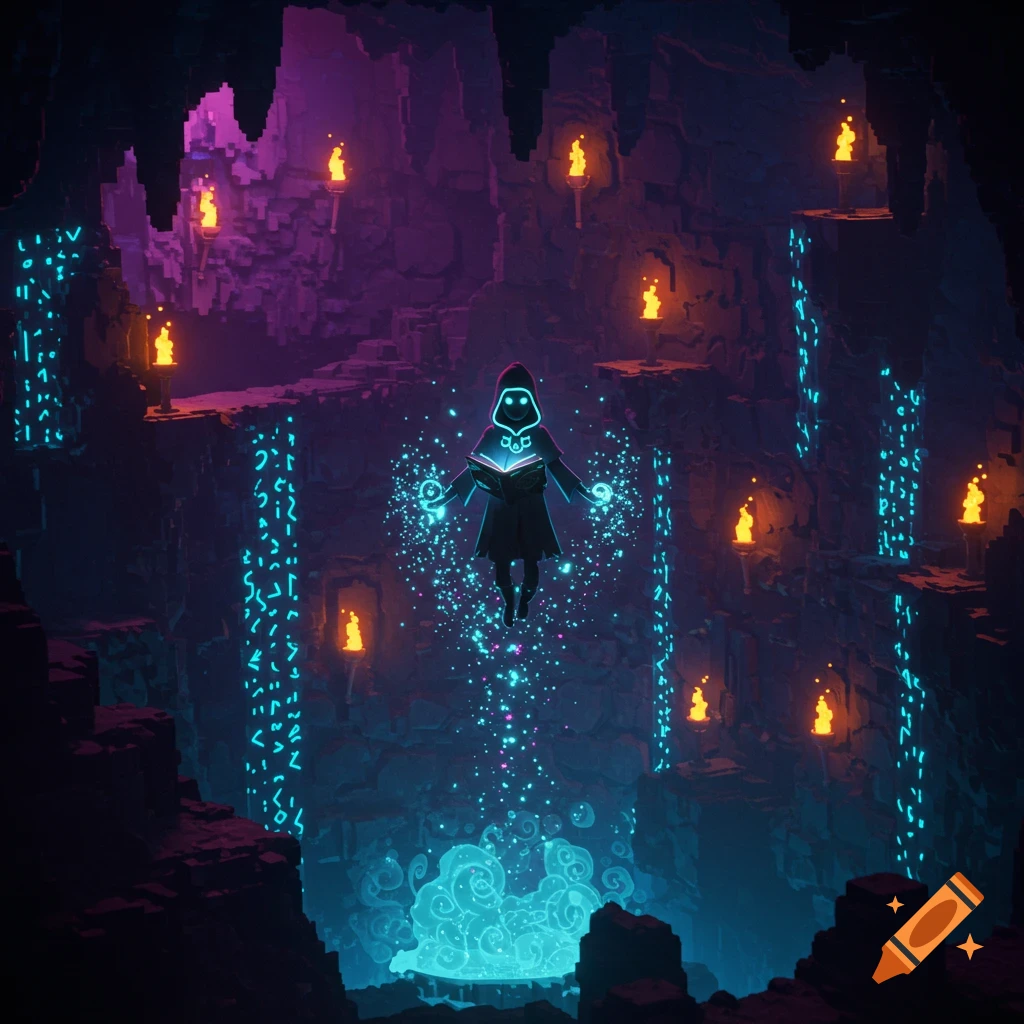 A hooded, glowing figure floats in a dark magical cave with blue energy, glowing runes, and ...