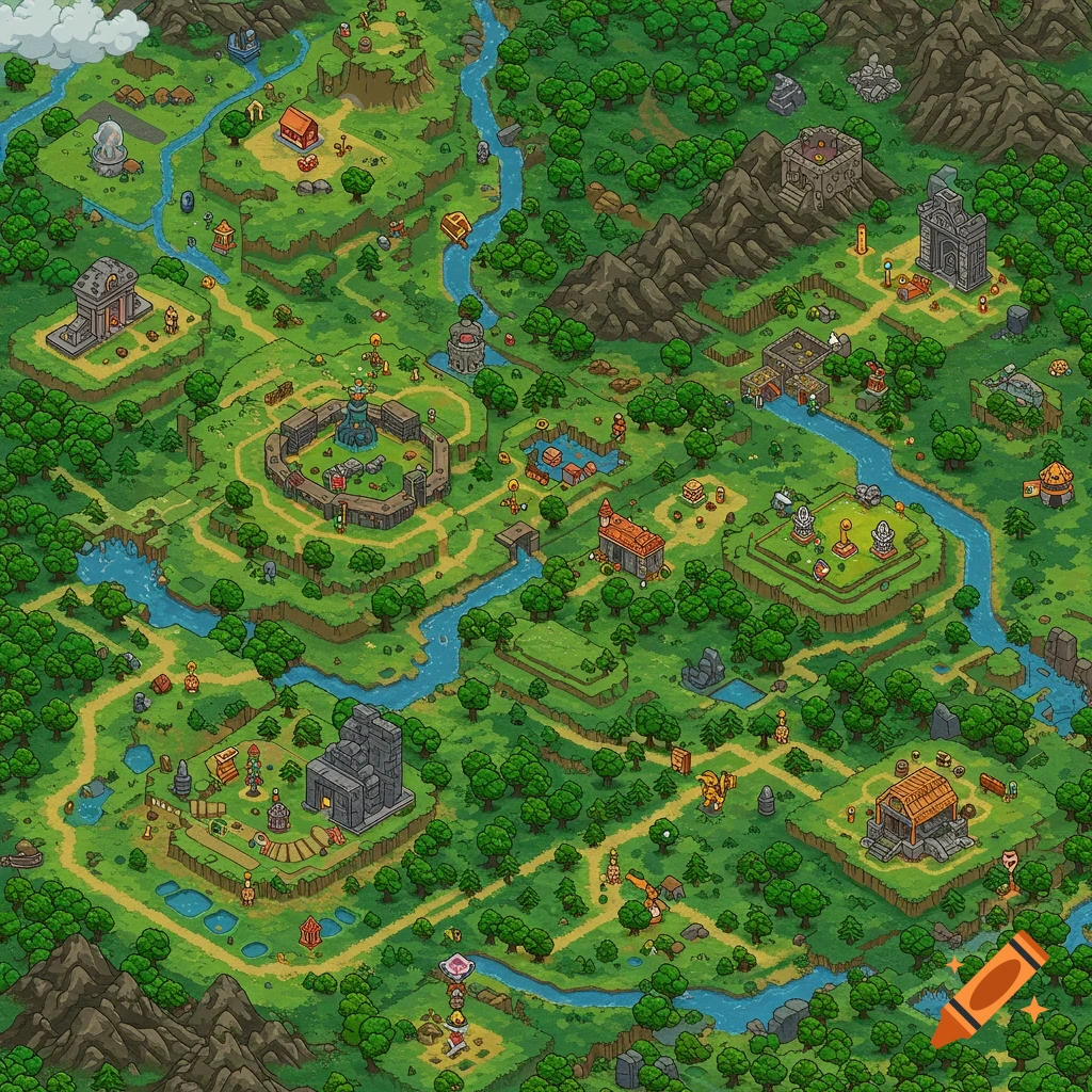 A detailed, isometric, cartoon-style fantasy map featuring rivers ...