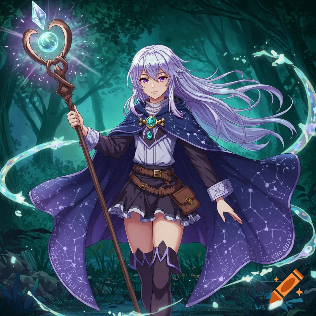 An anime witch with blonde pigtails in a black dress and hat flies on a ...