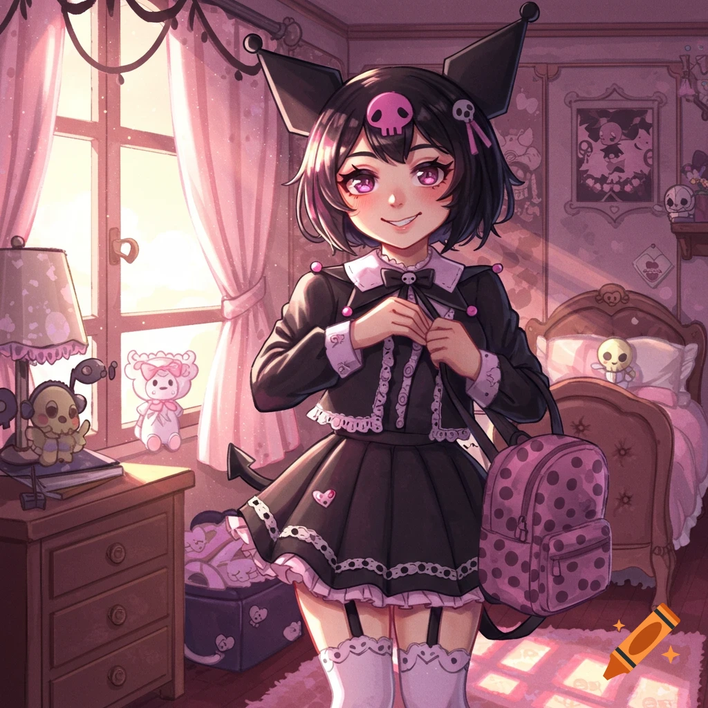 Kuromi in a black and pink outfit poses in a neon-lit futuristic city ...