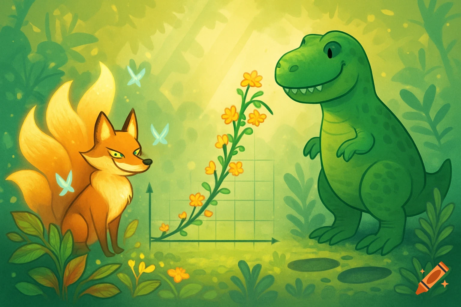 A cartoon multi-tailed orange fox and a green T-Rex look at a plant ...