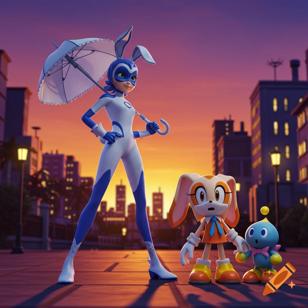 Bunnyx from Miraculous Ladybug holds an umbrella, standing next to ...