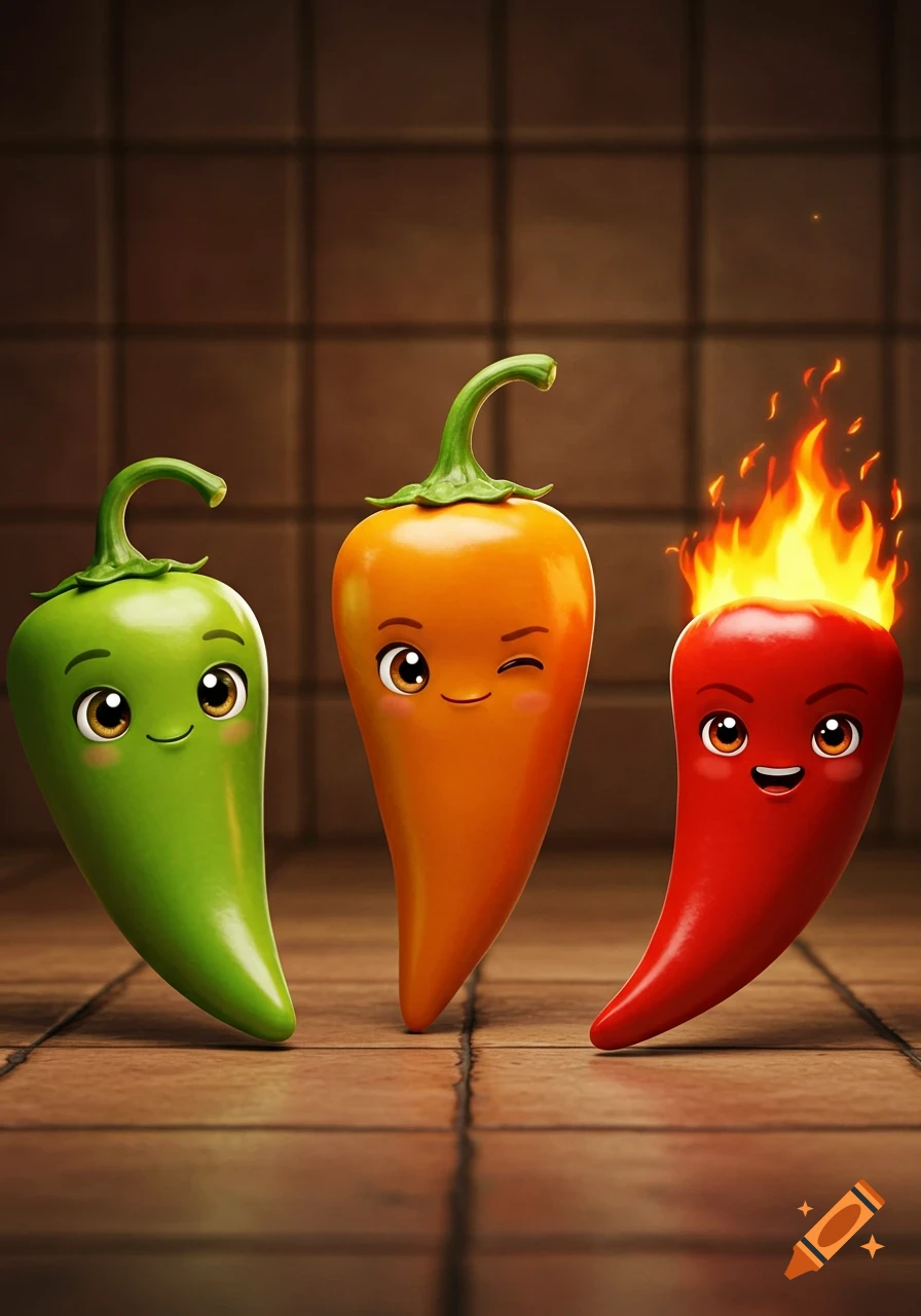 Three cute cartoon chili peppers: green happy, orange winking, red with ...