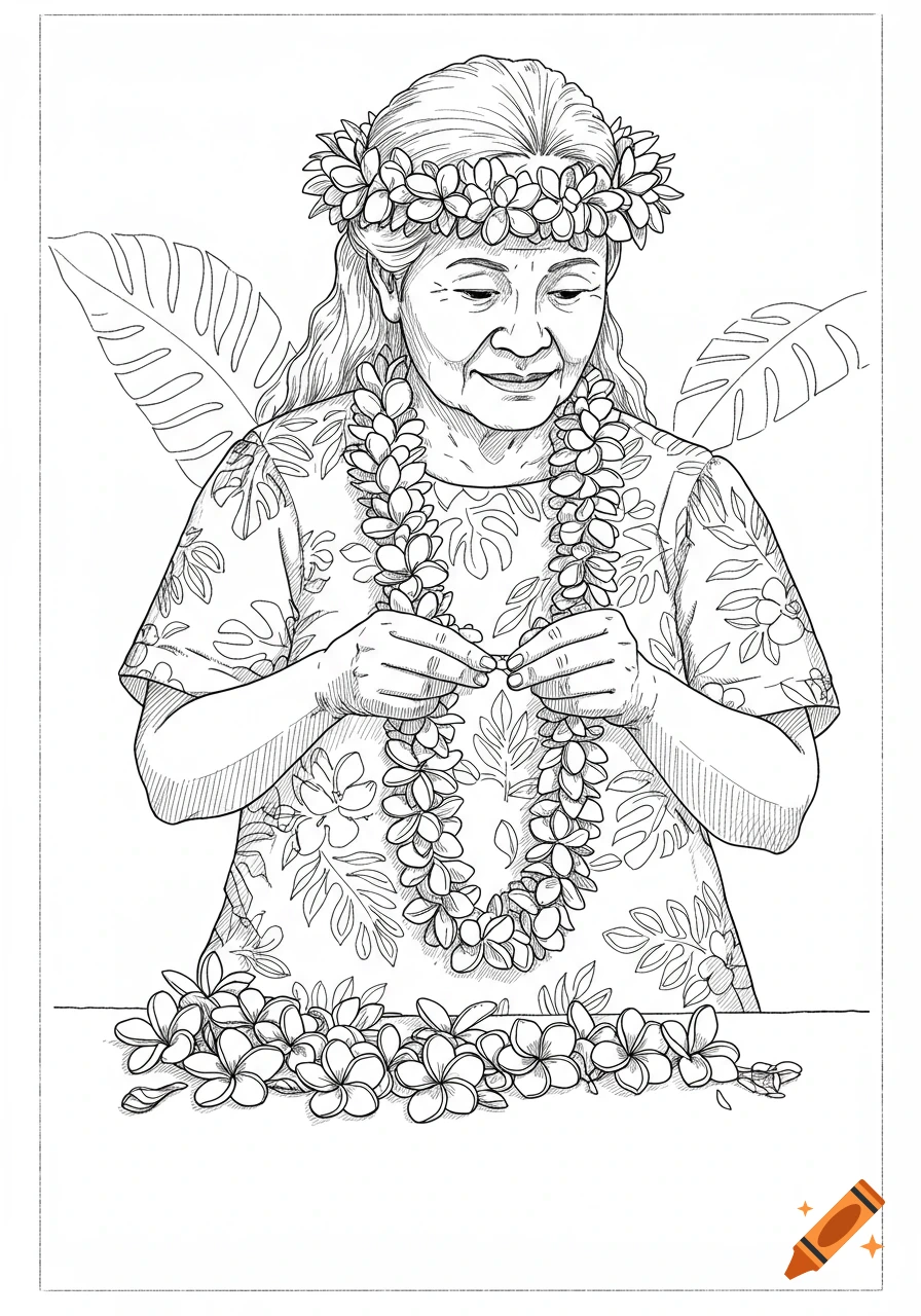 Black and white outline drawing of an older woman in a muumuu, making a ...