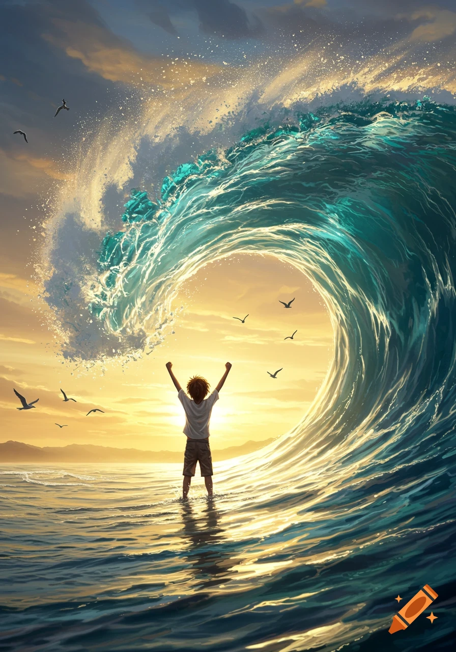 A boy with arms raised stands in the ocean as a massive wave curls ...