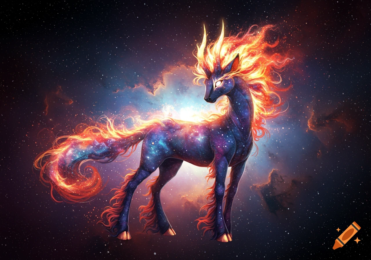 Vibrant fantasy illustration of a rearing fiery horse surrounded by red ...
