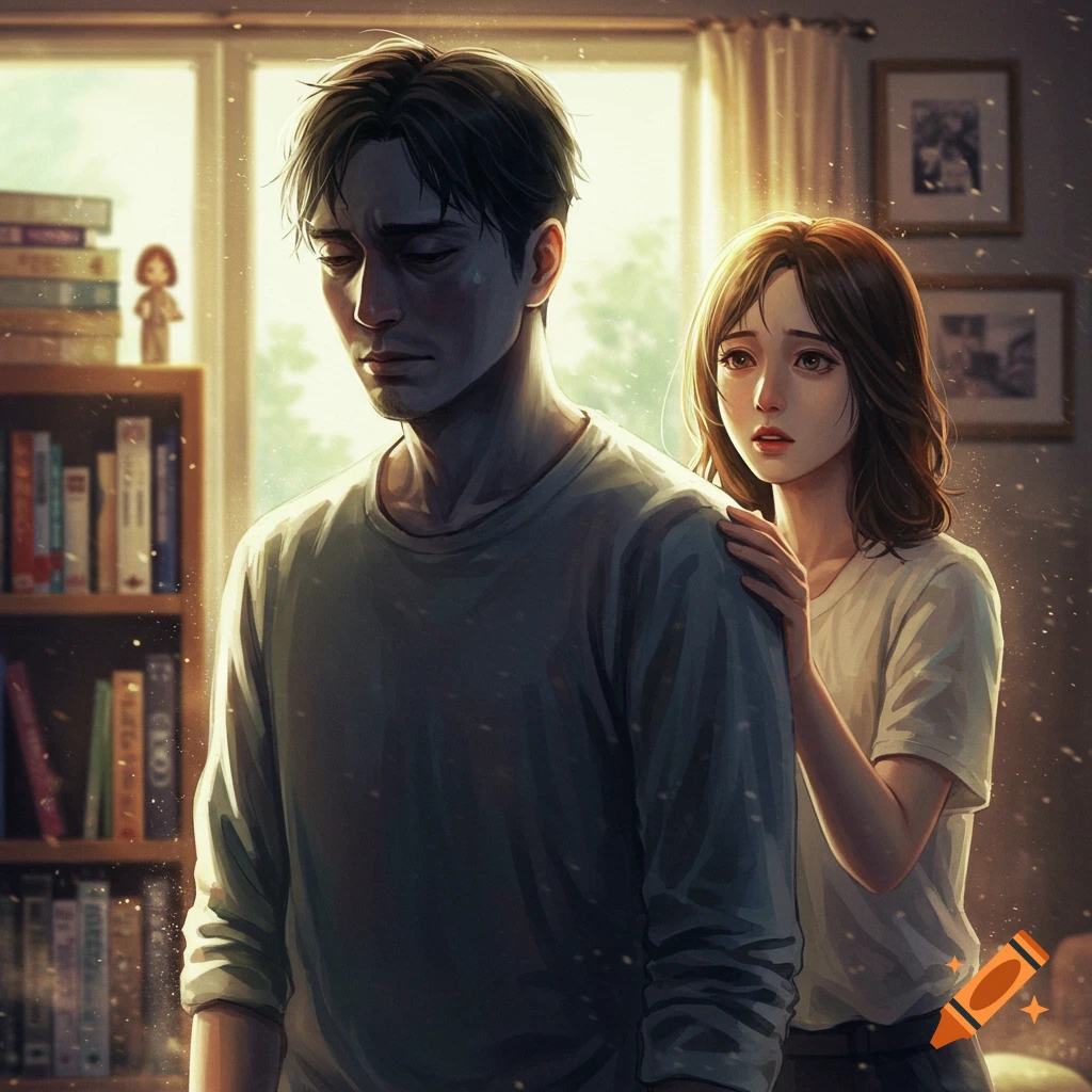 A woman with concerned expression touches the shoulder of a sad man in ...