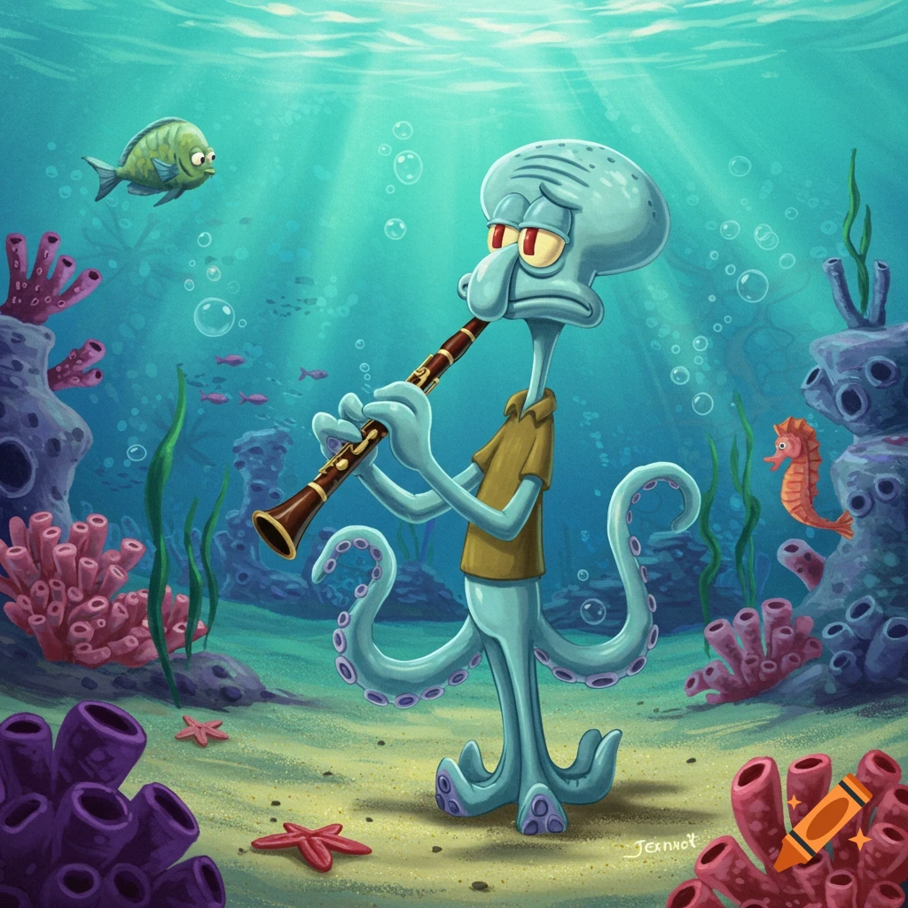 Squidward Tentacles plays a clarinet underwater amidst coral and bubbles in a stylized cartoon ...