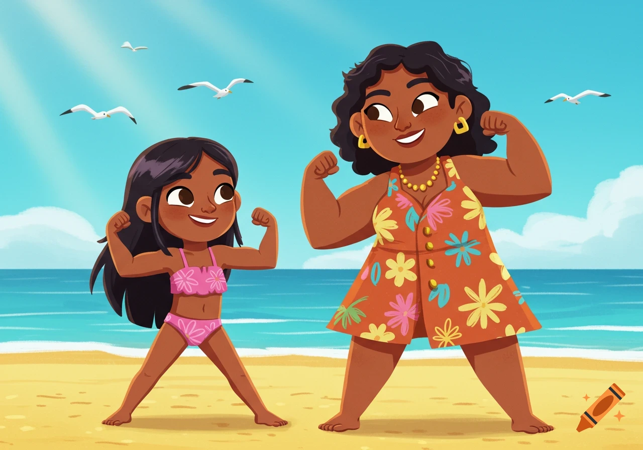 A cartoon mother and daughter in swimsuits flexing their muscles on a ...