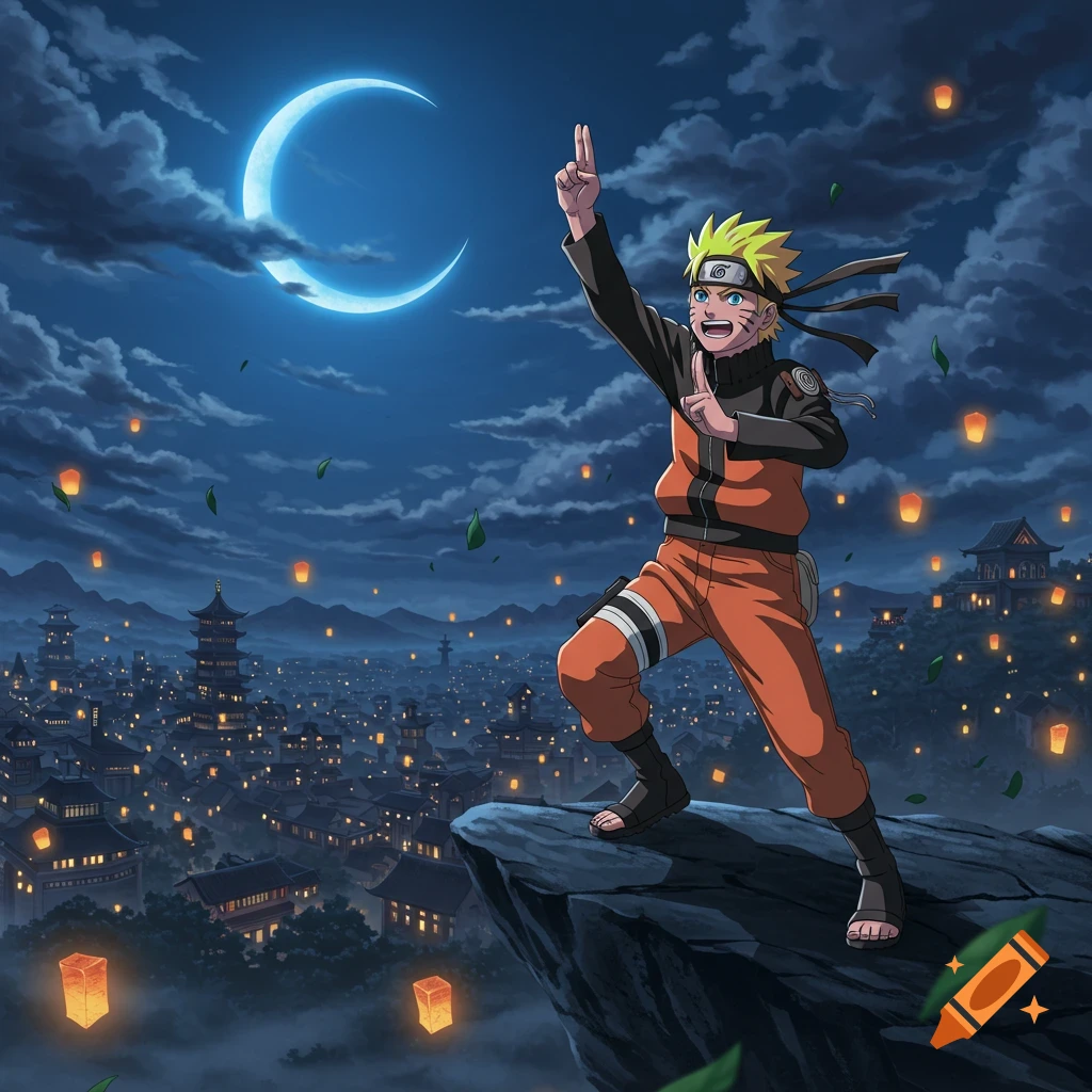 Naruto stands on a cliff, making a hand sign, overlooking a luminous ...