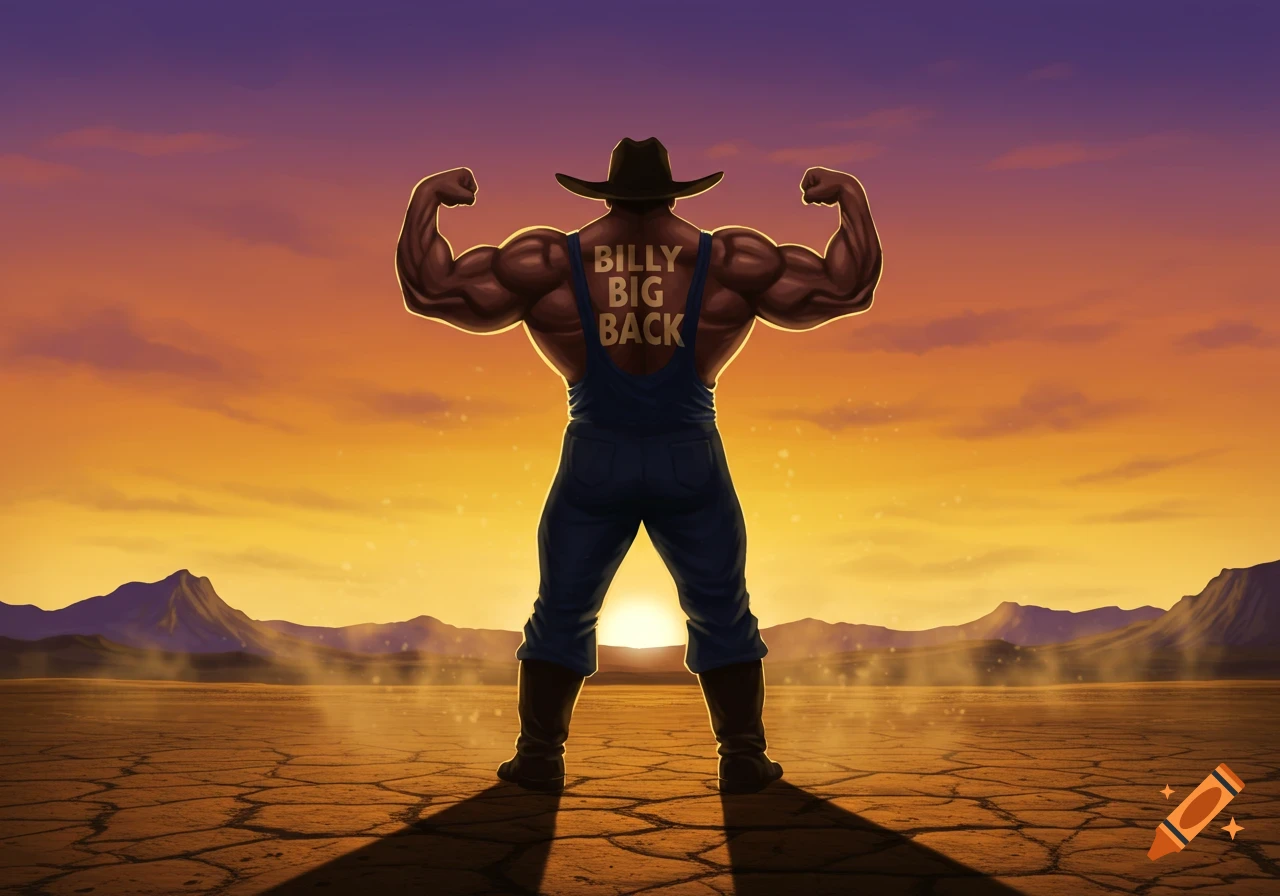 An illustration of a muscular man from behind, wearing a cowboy hat and ...