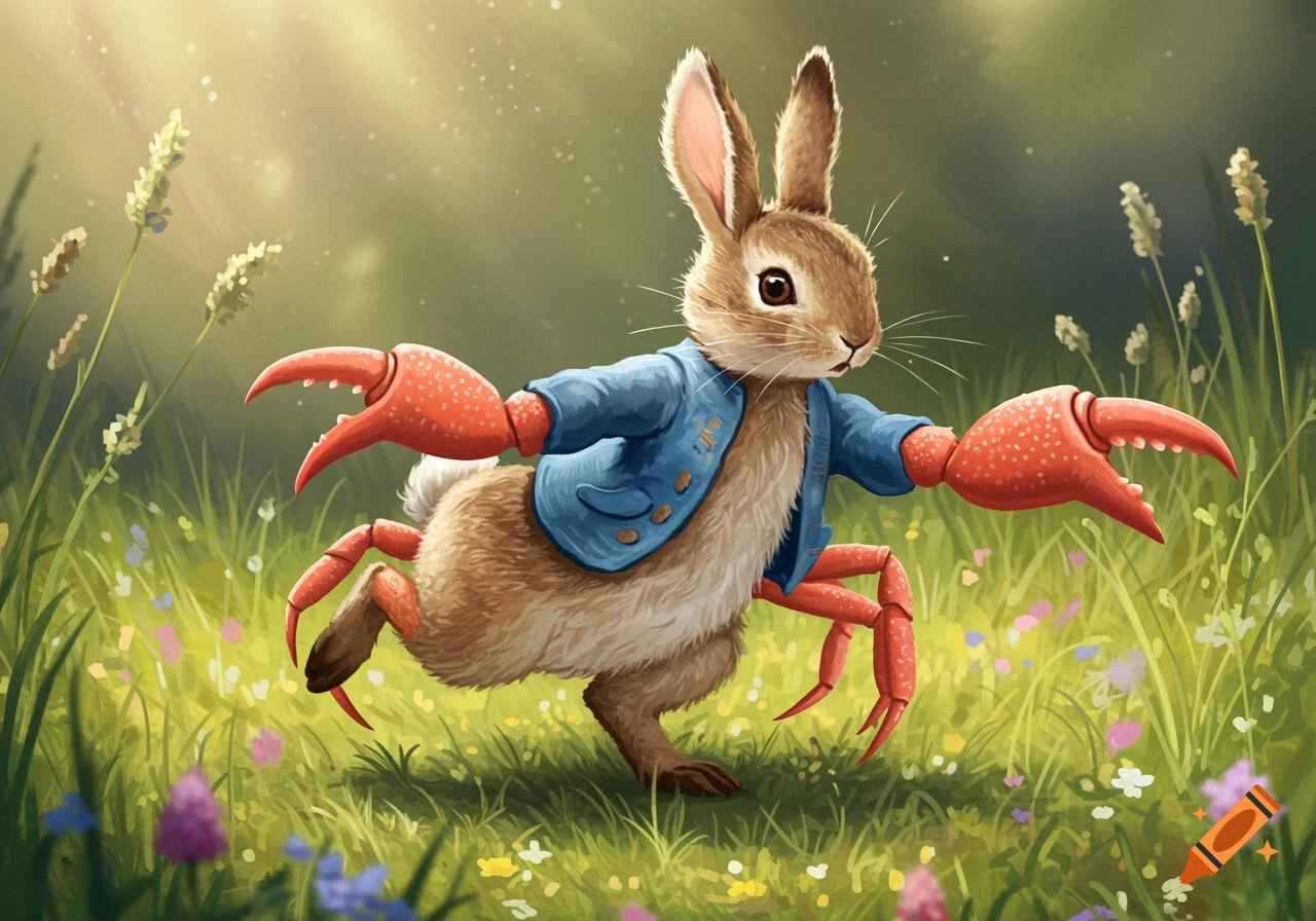 A cute purple rabbit wearing pink overalls and yellow gloves stands in ...