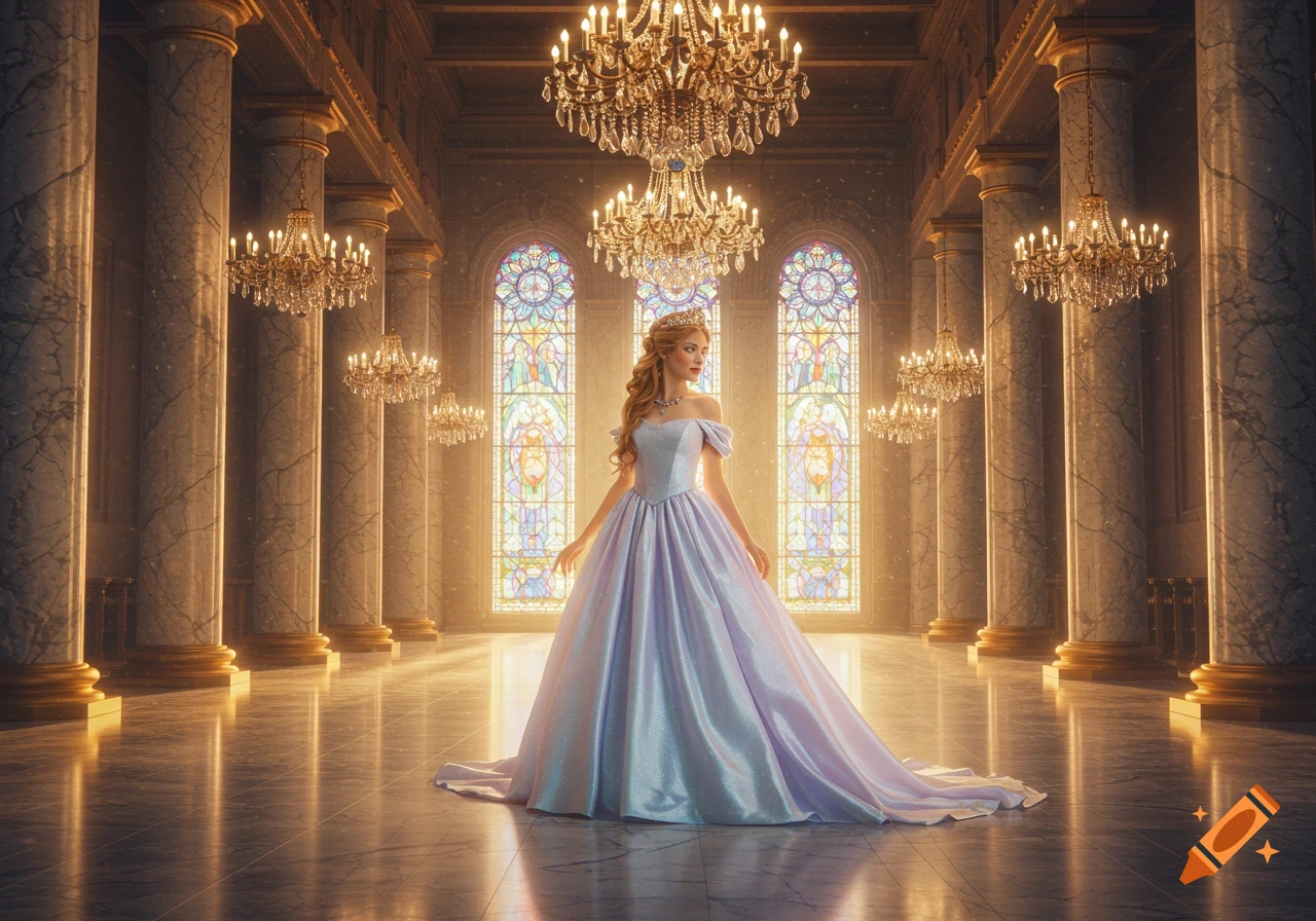 A princess in a sparkling silver gown stands in a grand, ornate ...