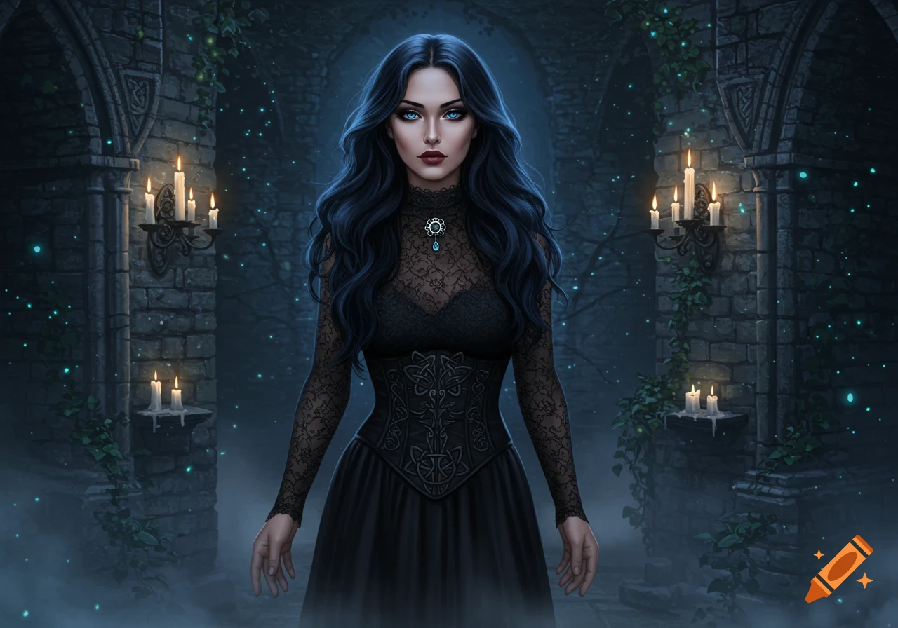 A pale vampire girl with long black hair and green eyes in a school ...