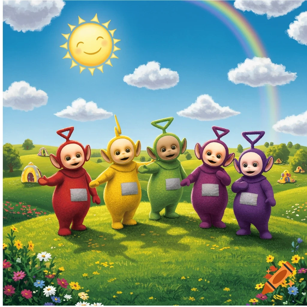 Purple, yellow, and red Teletubbies in racing suits stand by a green go ...