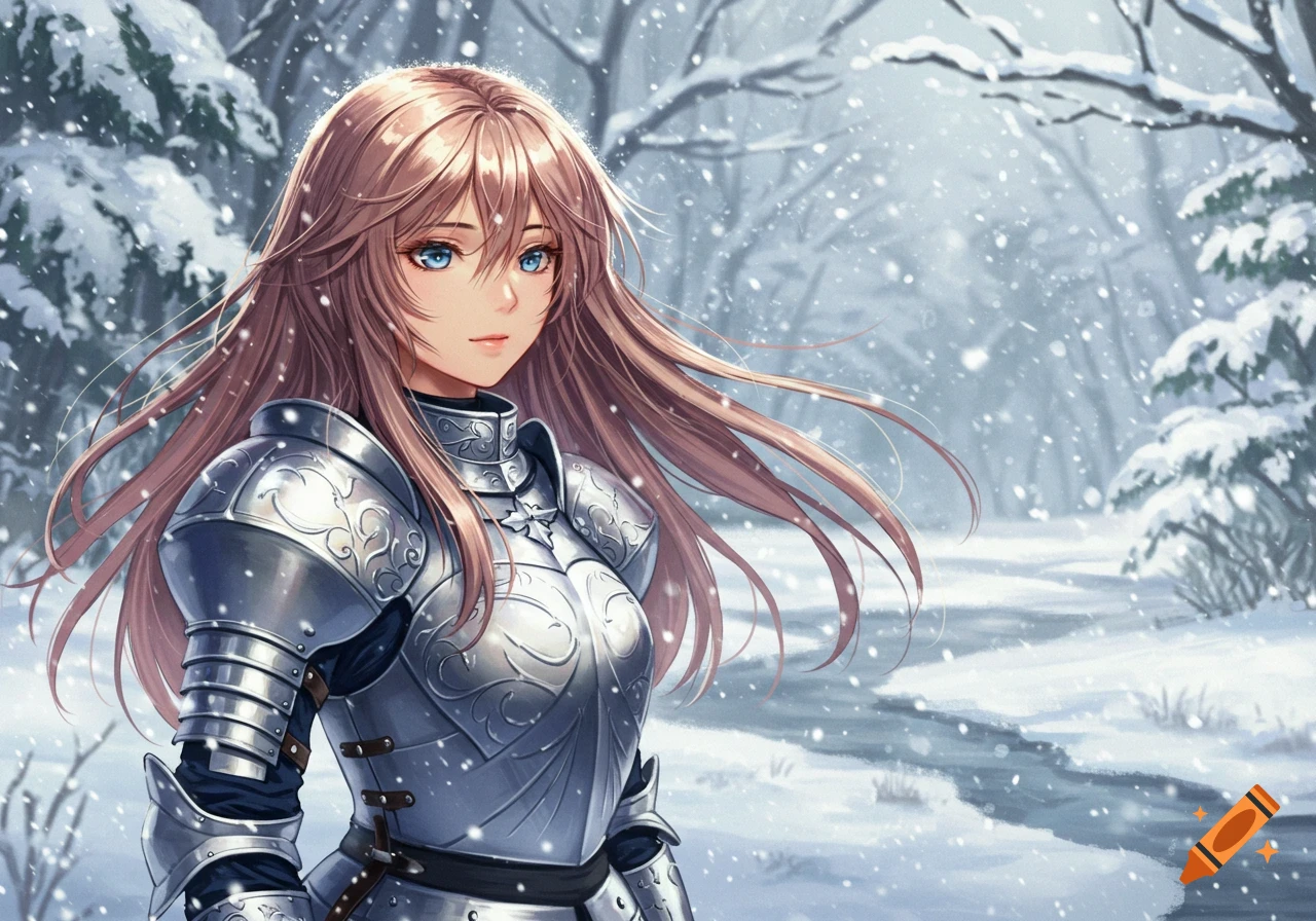 An anime girl with long brown hair and blue eyes wears detailed silver ...