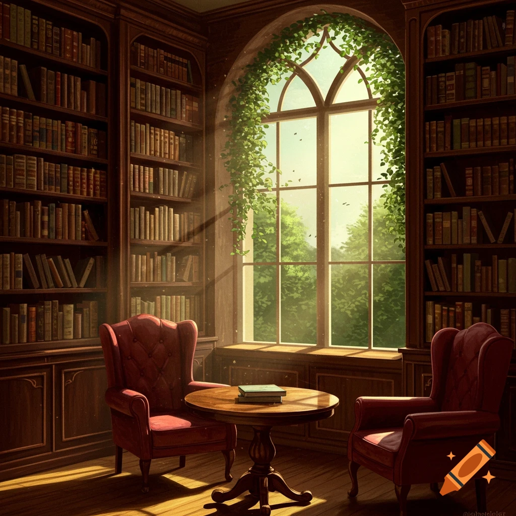 A cozy library room with tall wooden bookshelves, two red armchairs, a small table, and a large ...