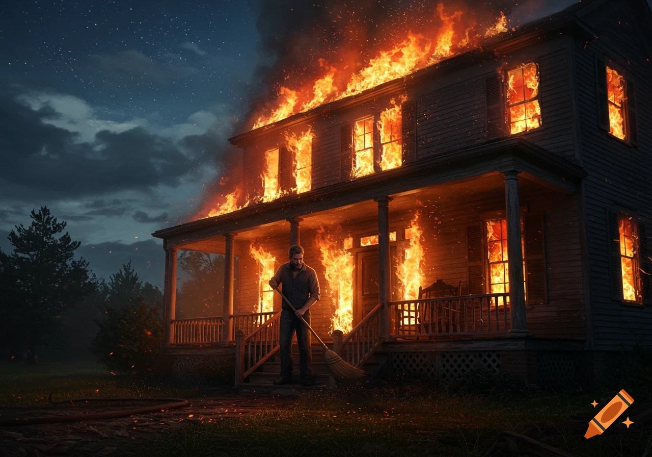 A photorealistic image of a man calmly sweeping the front porch of a ...